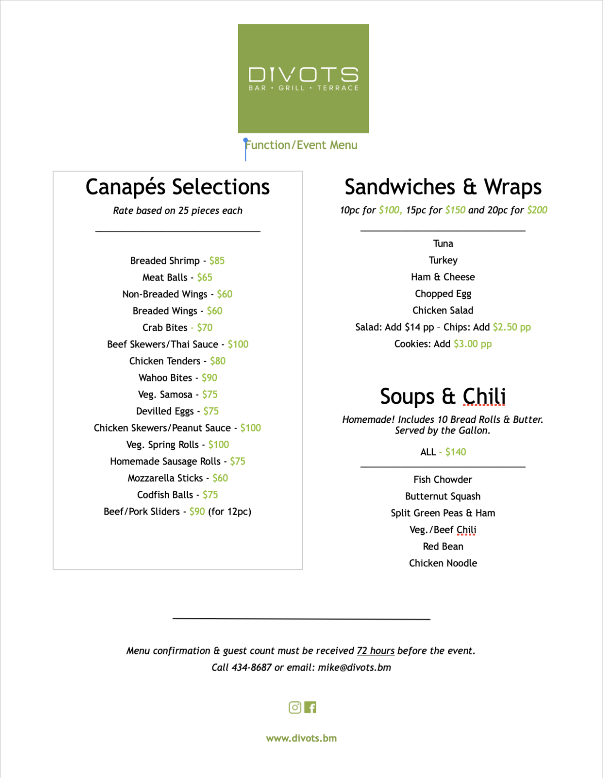 Buffet Menu – Divots