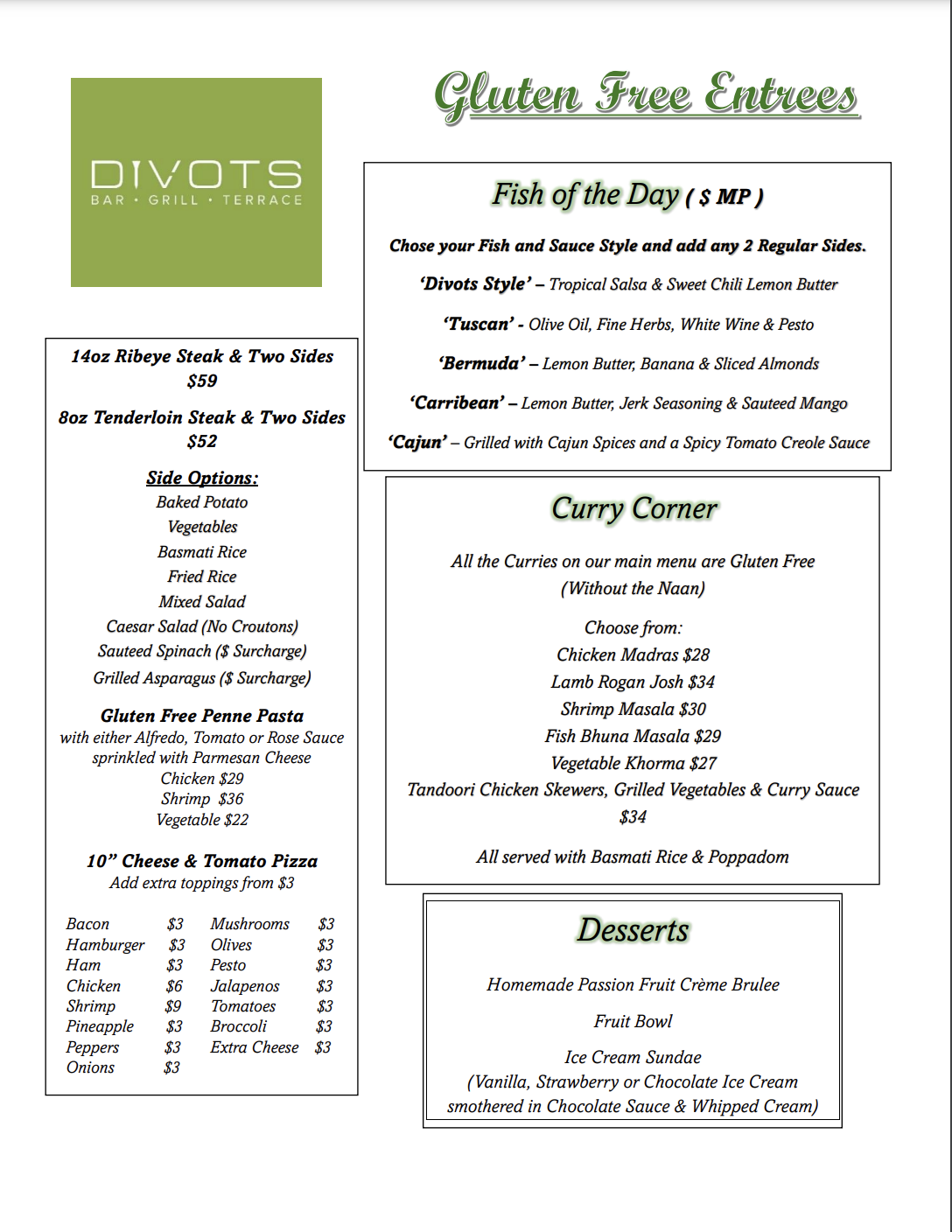Main Restaurant Menu – Divots