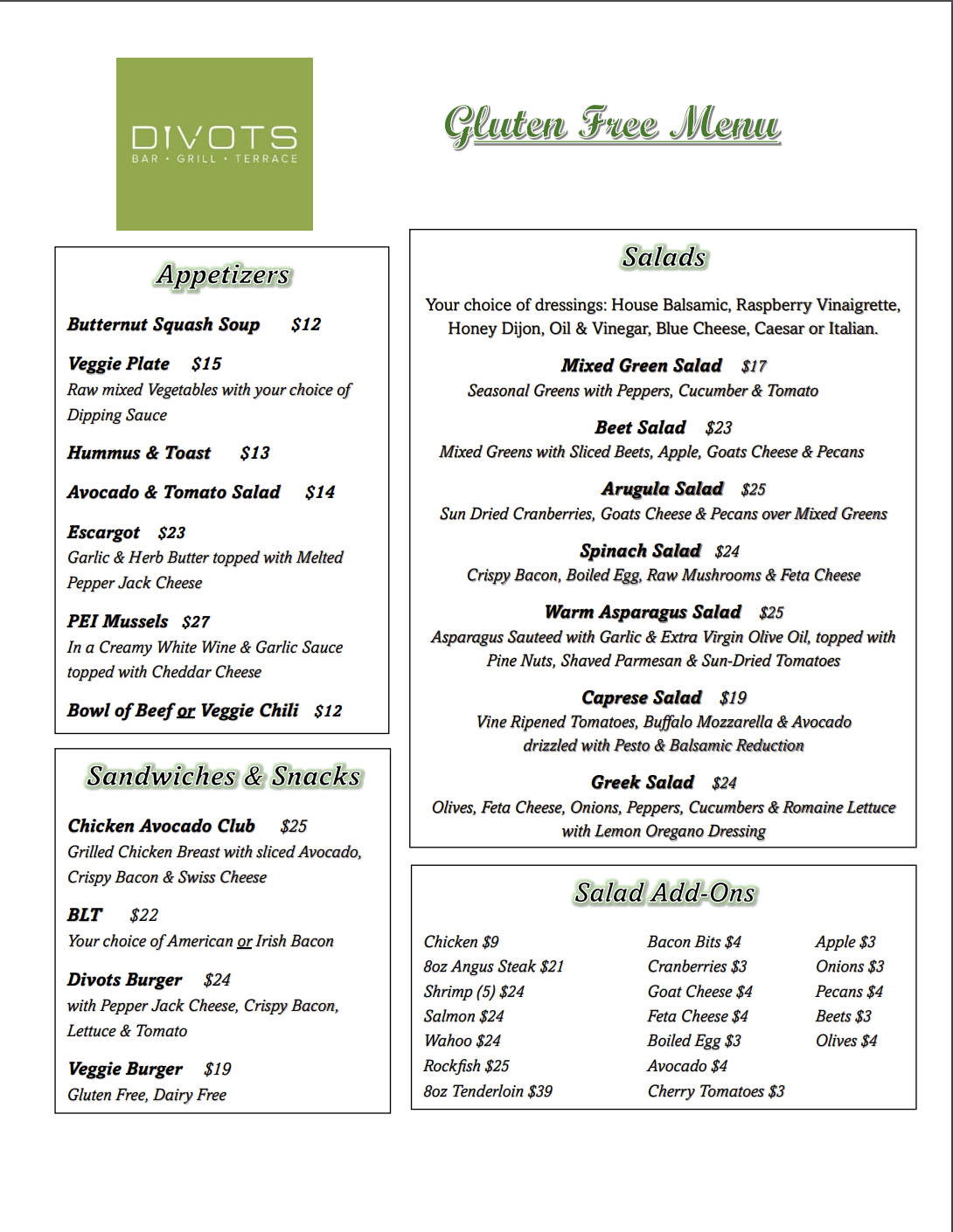 Main Restaurant Menu – Divots